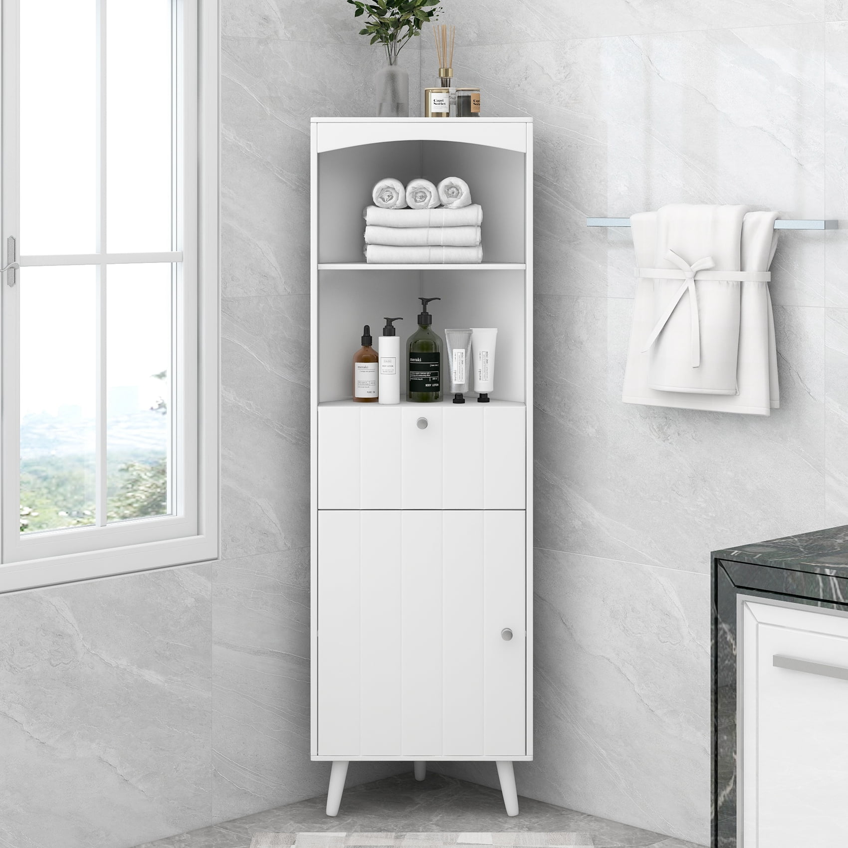 Tall Bathroom Corner Cabinet with Drawer, Corner Bathroom Storage ...
