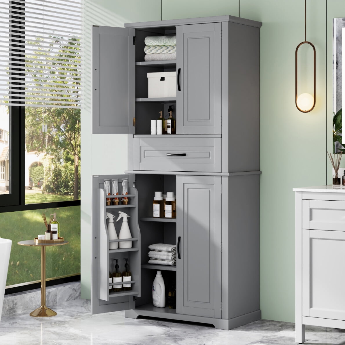 Tall Bathroom Floor Storage Cabinet with Built-in Storage Rack ...