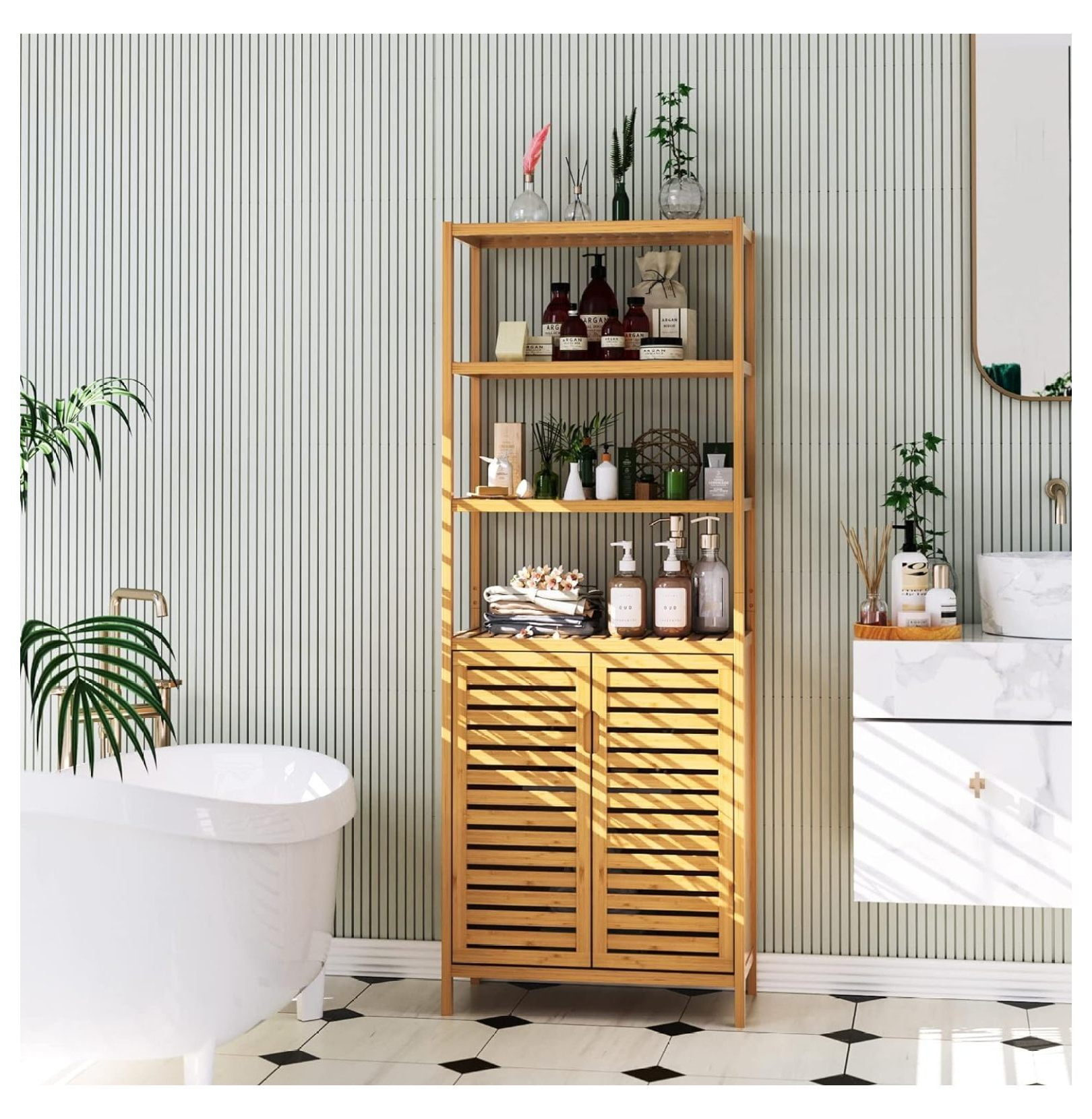 Tall Bathroom Storage Cabinet, 66" Bamboo Narrow Bathroom Floor Cabinet ...