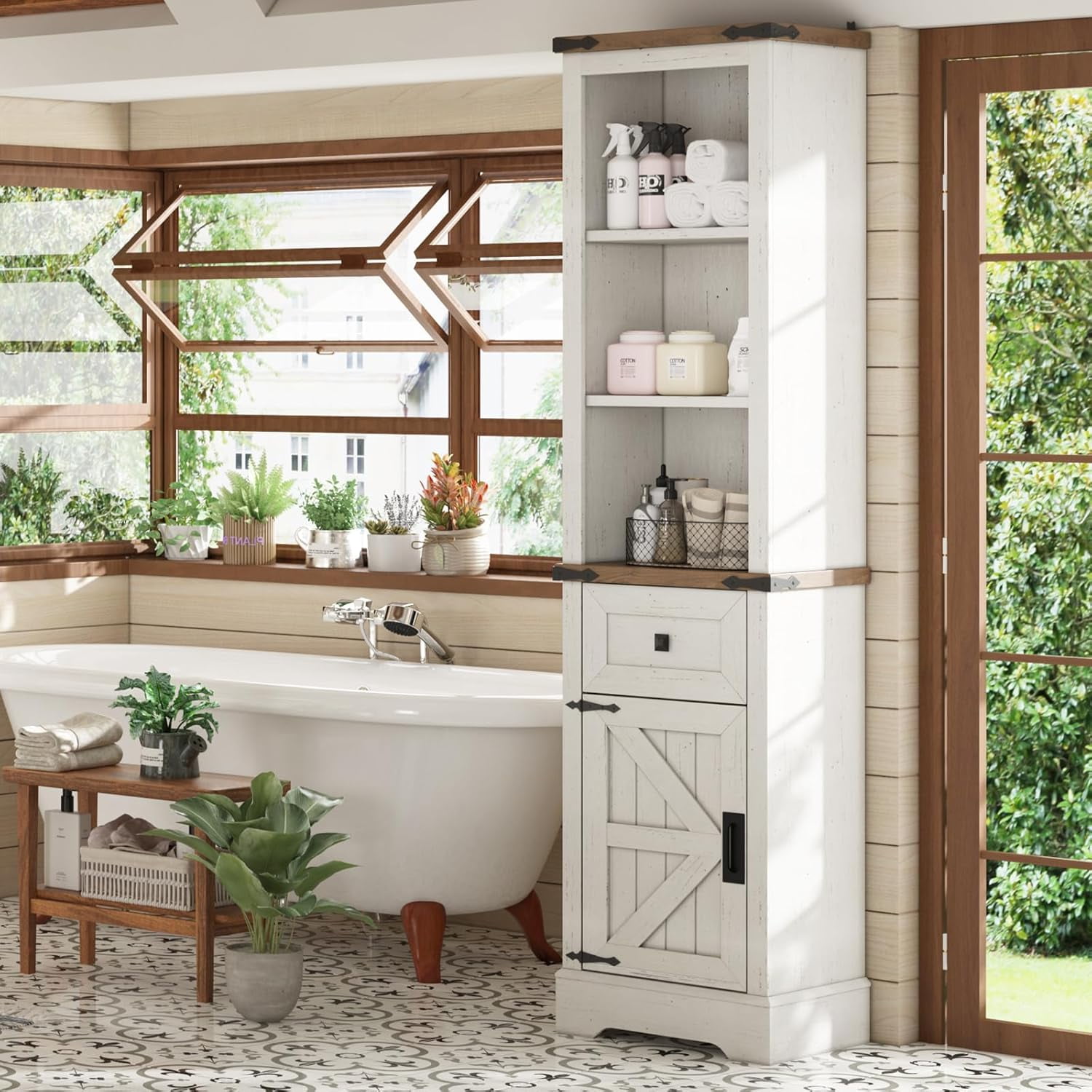 Tall Bathroom Storage Cabinet 68" H Farmhouse Slim Storage Cabinet with ...