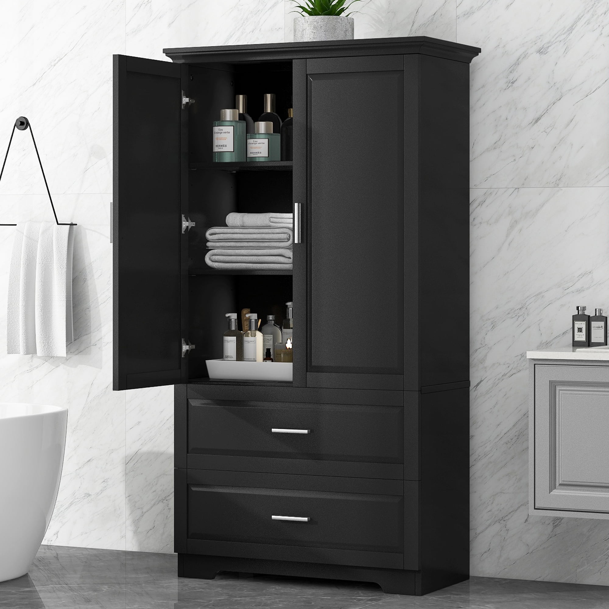 Tall Bathroom Storage Cabinet, Cabinet with Two Doors and Drawers ...