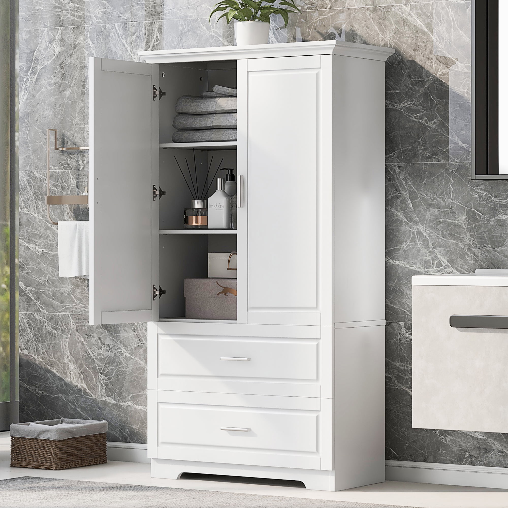Tall Bathroom Storage Cabinet, Cabinet with Two Doors and Drawers ...