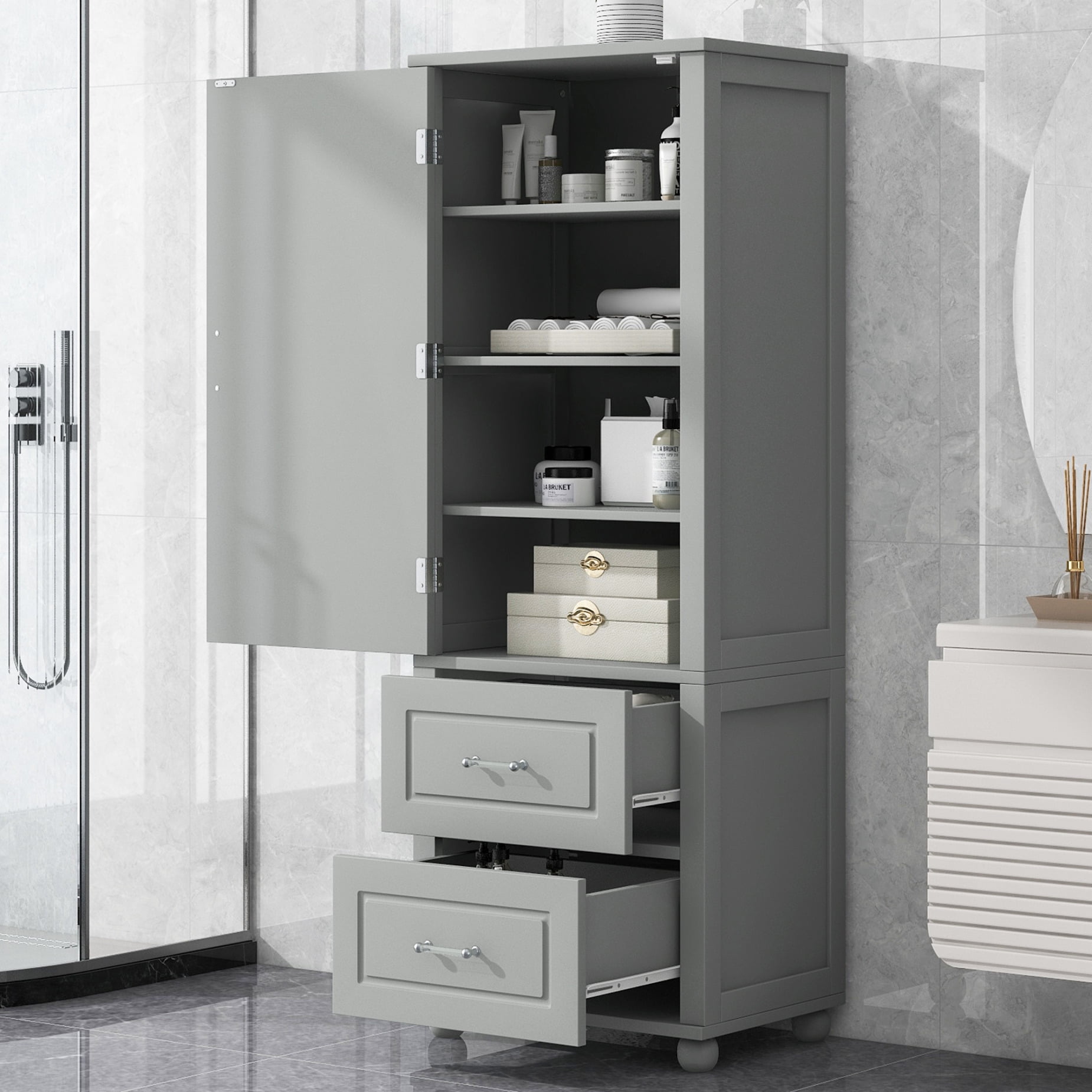 Tall Bathroom Storage Cabinet, Freestanding with 2 Drawers & Adjustable ...