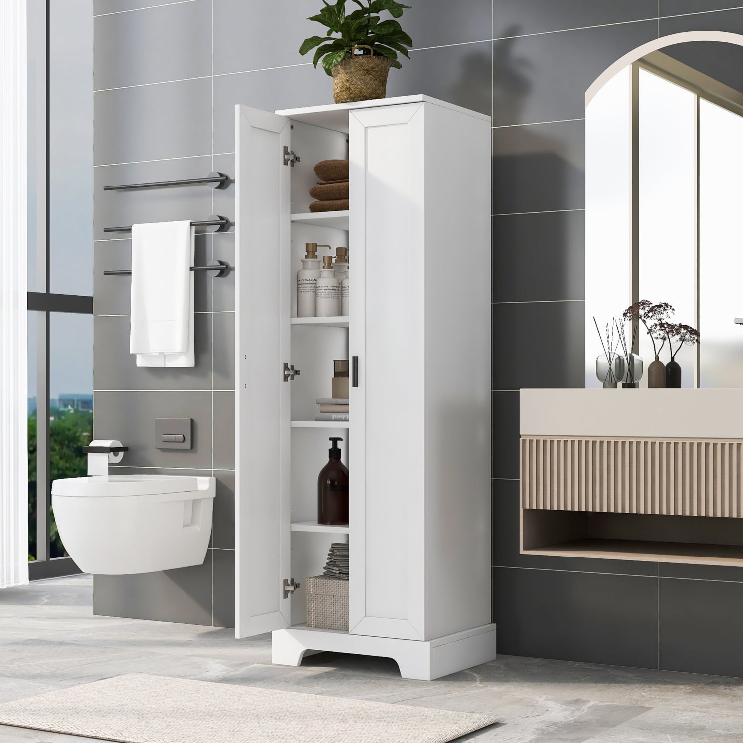 Tall Bathroom Storage Cabinet, Freestanding Floor Cabinet with 2 Doors and Adjustable Shelves ...