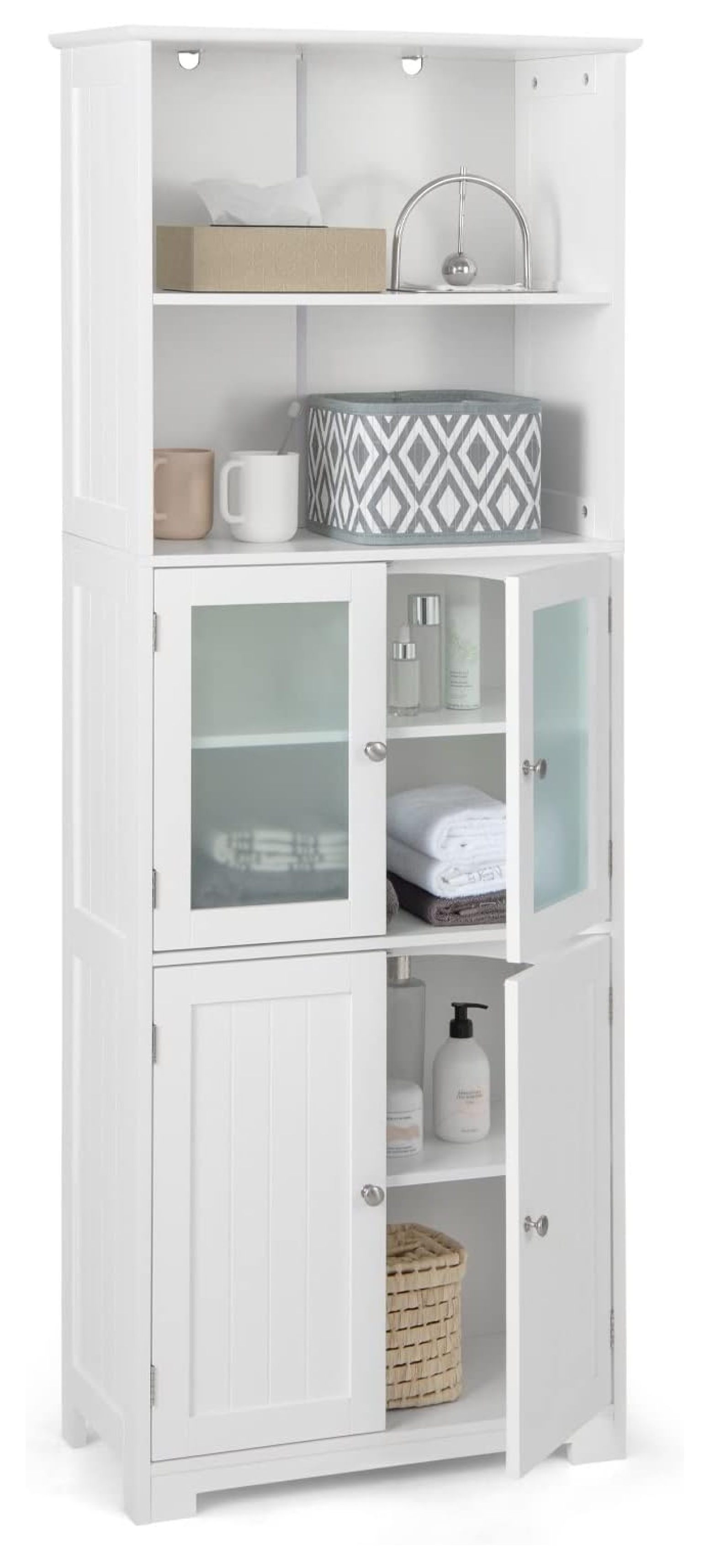 Tall Bathroom Storage Cabinet, Freestanding Floor Cabinet w/2 Glass ...