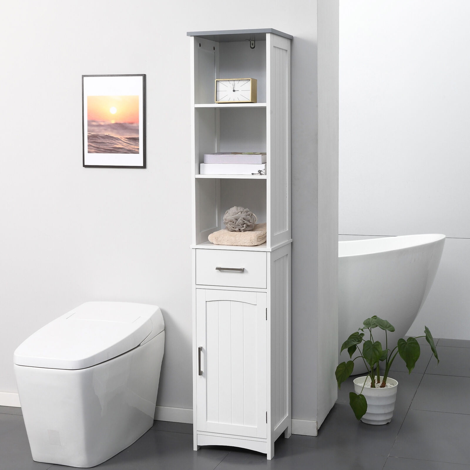 Tall Bathroom Storage Cabinet, Freestanding Linen Tower Slim Organizer ...