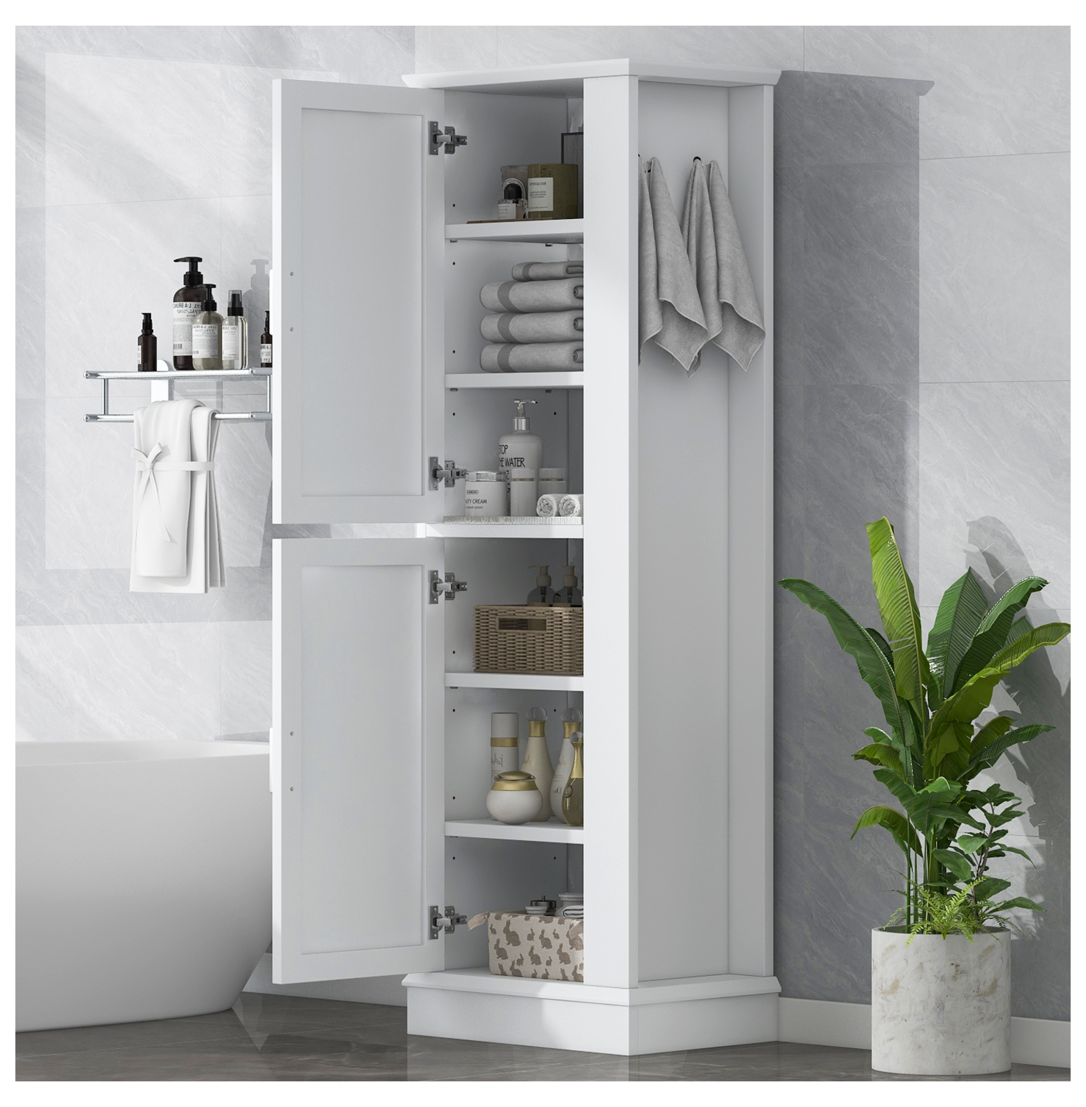 Tall Bathroom Storage Cabinet, Freestanding Storage Cabinet with Hook ...