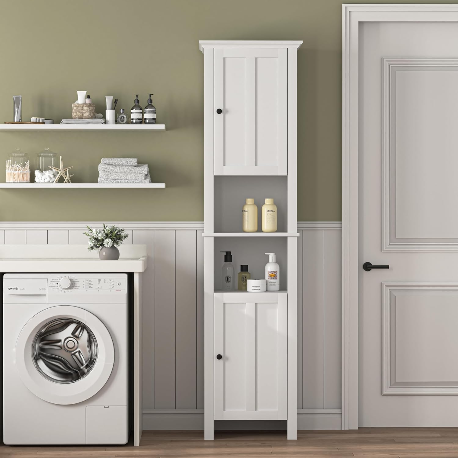 Tall Bathroom Storage Cabinet with Shelves and Door, Narrow Bathroom ...