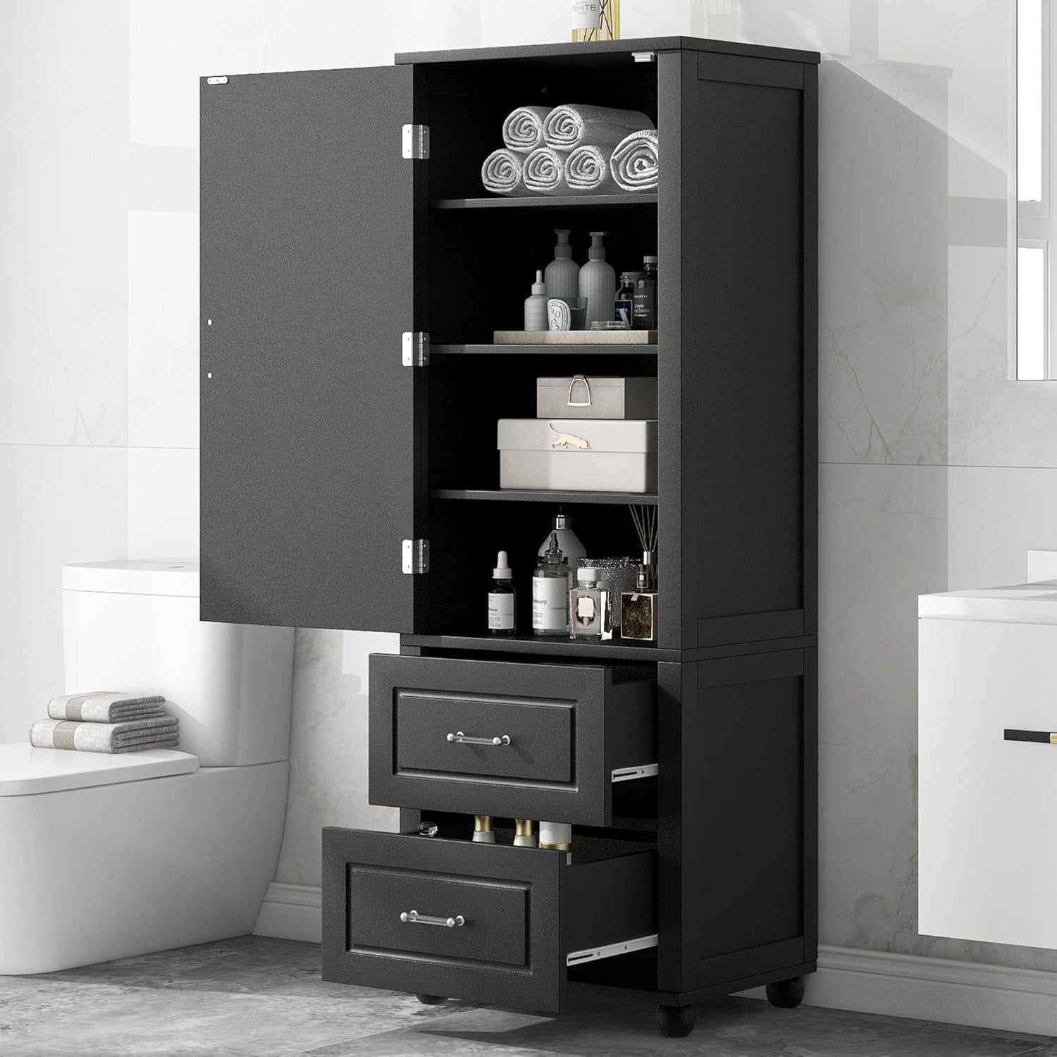 Tall Bathroom Storage Cabinet, Solid Wood Pantry Sideboard with ...