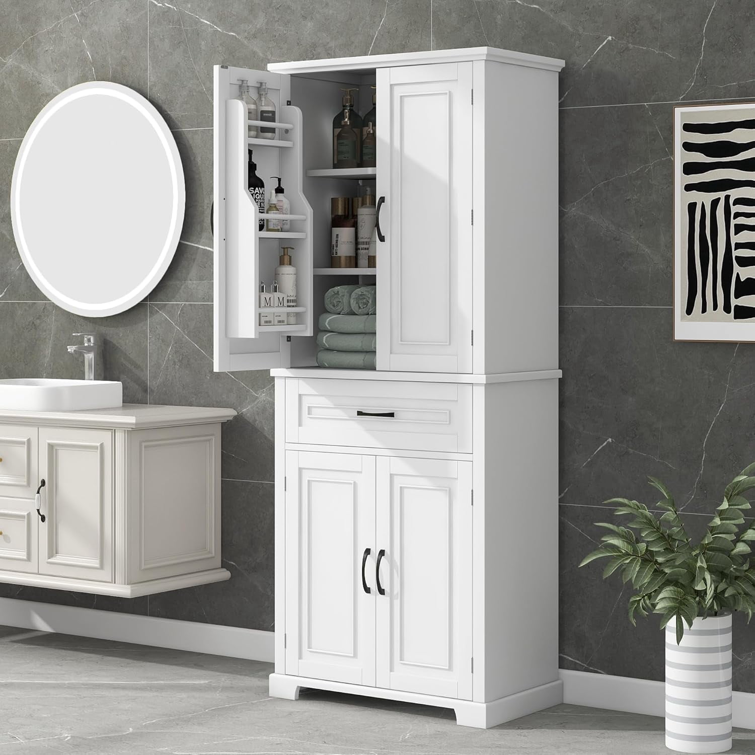 Tall Bathroom Storage Cabinet, Solid Wood Pantry Sideboard with ...