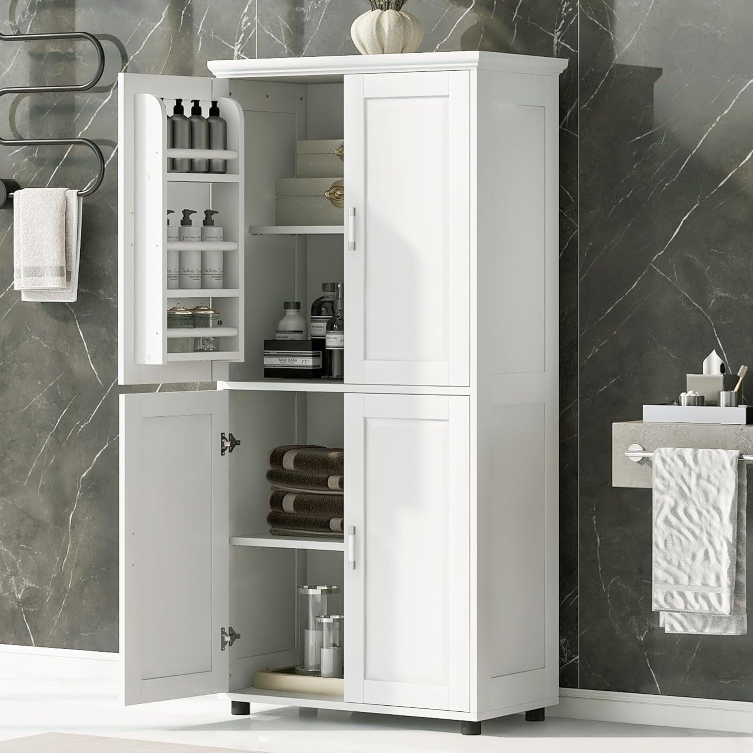 Tall Bathroom Storage Cabinet, Solid Wood Pantry Sideboard with ...