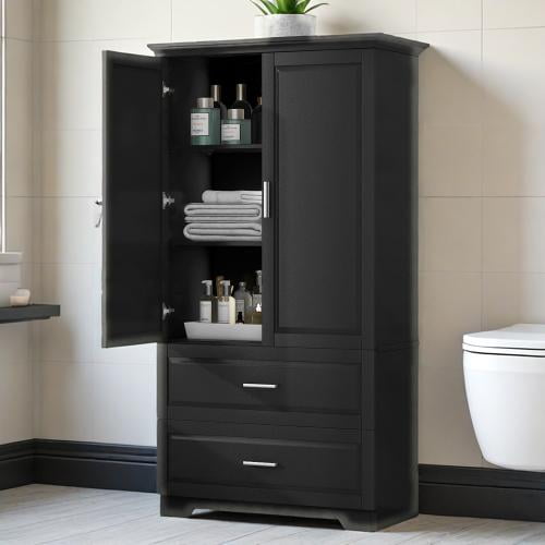 Tall Bathroom Storage Cabinet with Two Doors & Drawers, Adjustable ...