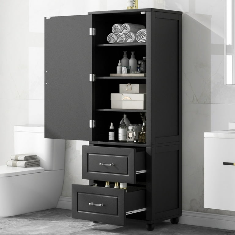 Tall Bathroom Storage Cabinet with Two Drawers and Adjustable Shelf 23 15.9 61.4 Black