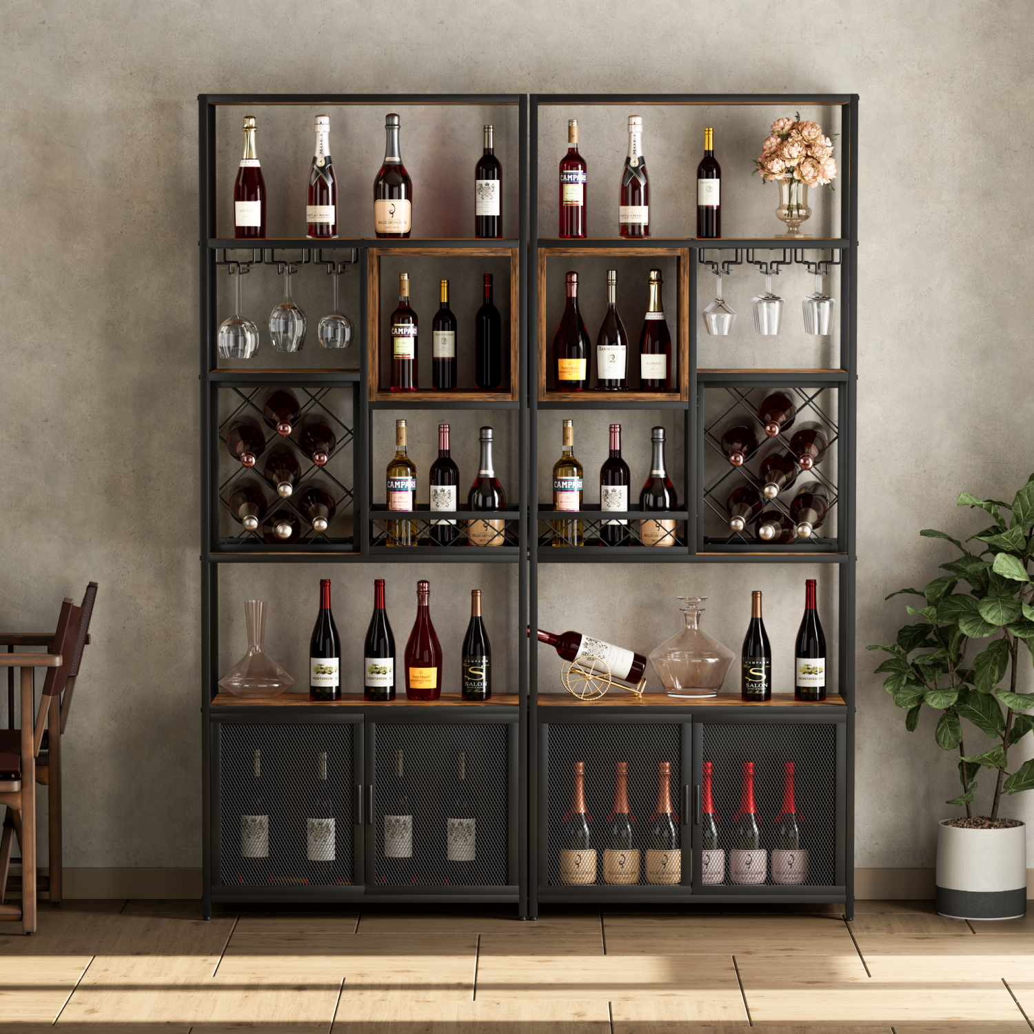 Tall Black Industrial Bar Wine Rack Cabinet with Glass Holder for Home ...
