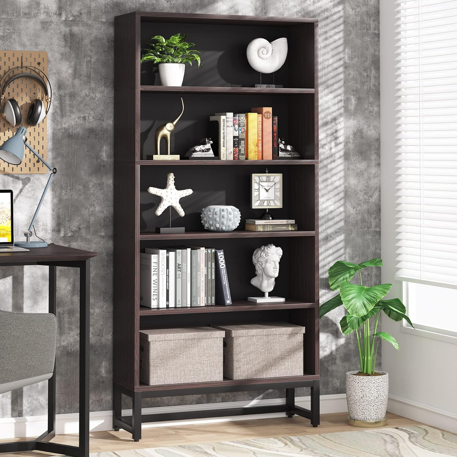 Tall Bookcase Black Bookshelf 70.8\u201D Large Bookcases Organizer with ...
