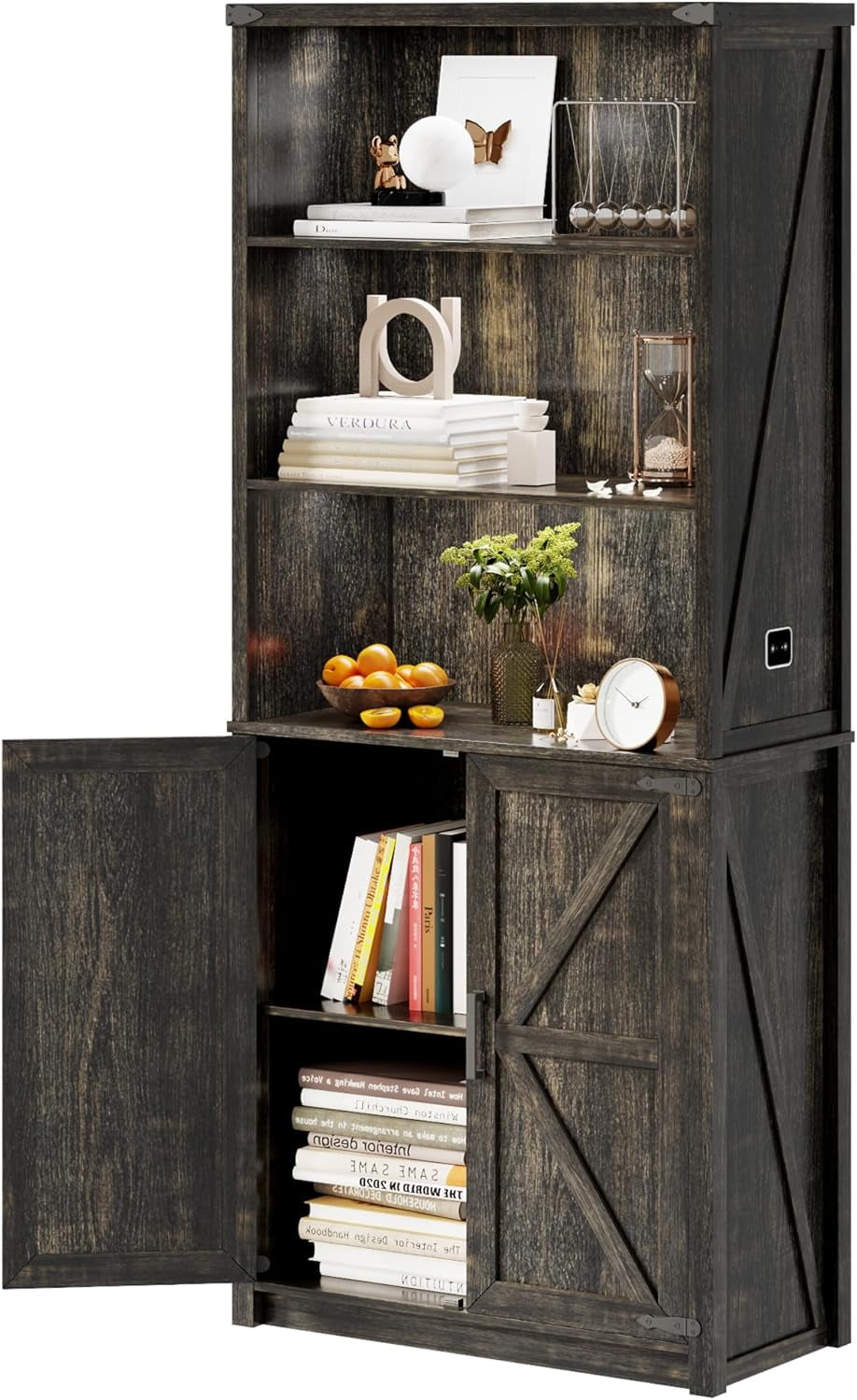 Tall Bookcase with Doors and Shelves, Farmhouse Brown Book Cases with ...
