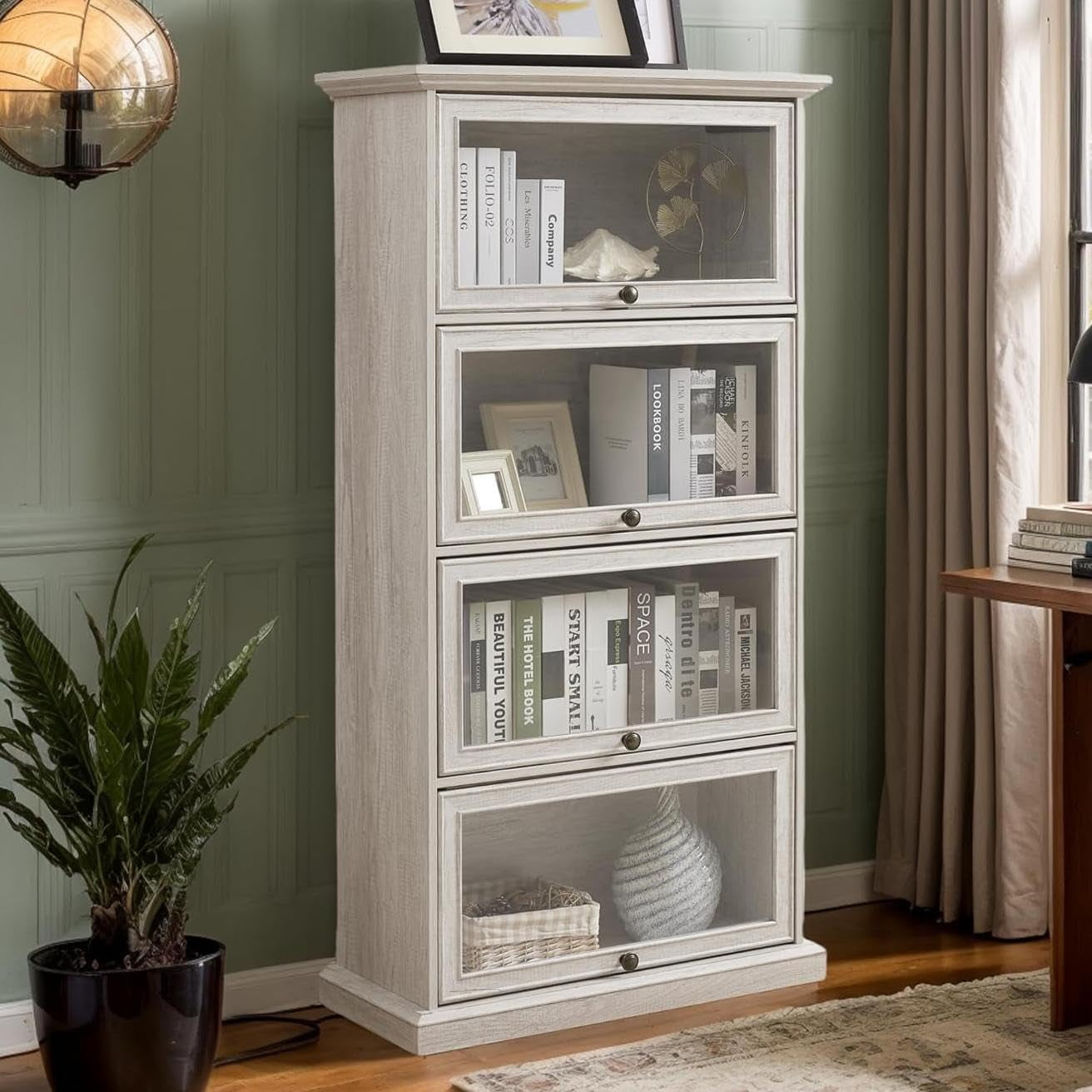 Tall Bookcase with Glass Doors, 63" H Glass Curio Display Cabinet with ...
