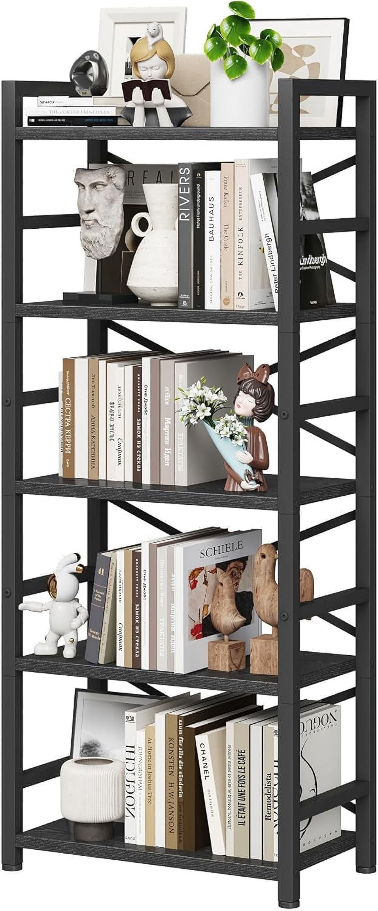 Tall Bookcase with Shelves, Wood and Metal Book Shelf Storage Organizer ...