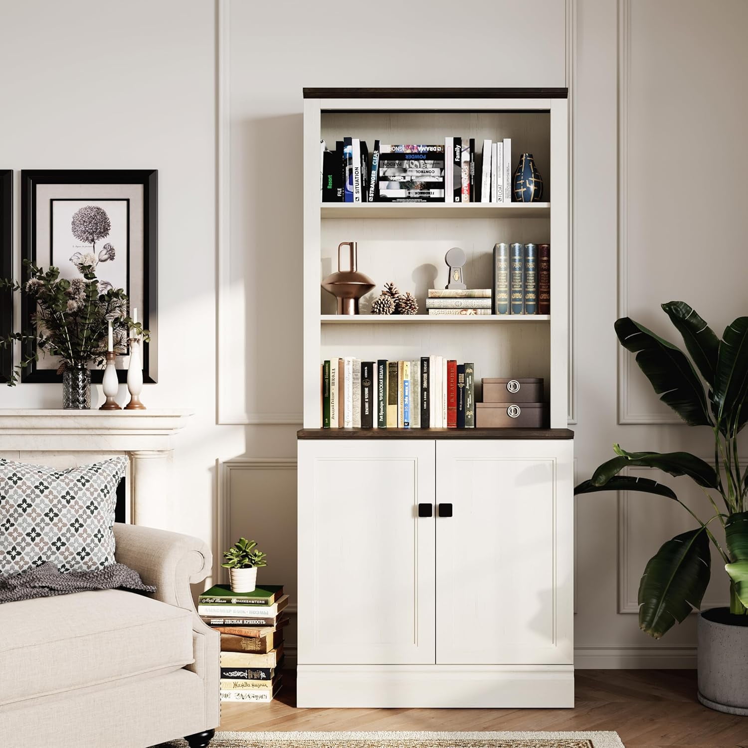 Tall Bookcase with Storage Cabinet & 5 Adjustable Shelves ...