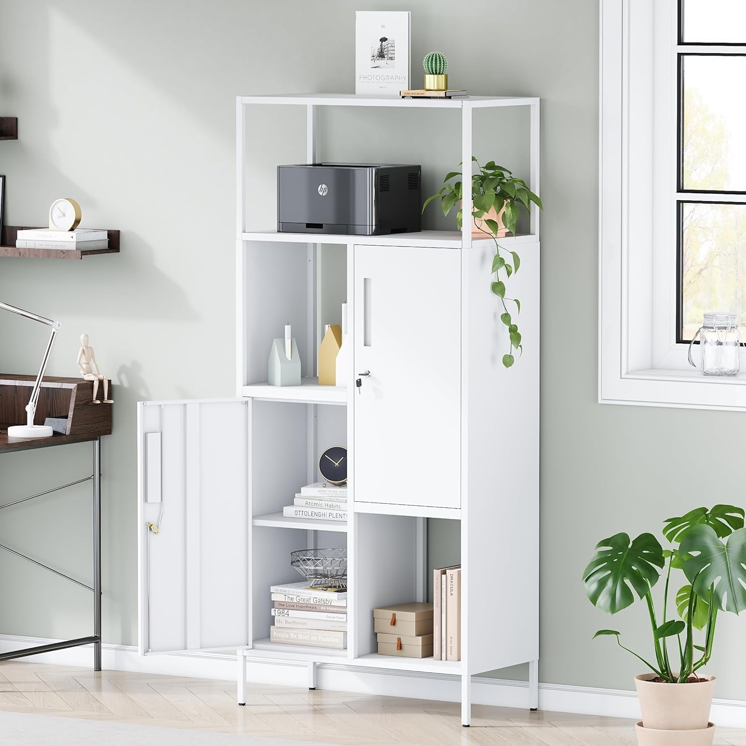 Tall Bookcase with Doors, Industrial Display Standing Shelf Units with ...