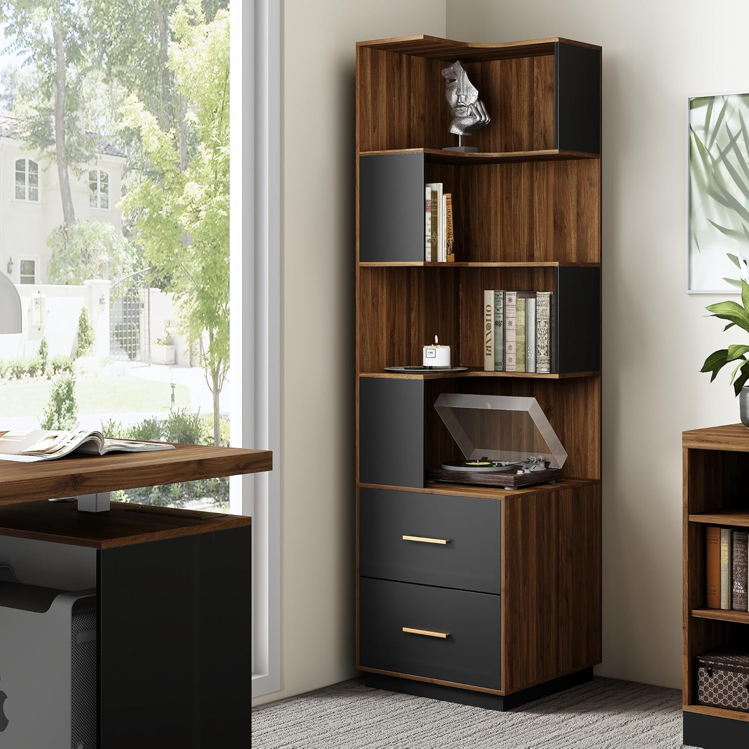 Tall Bookcase with Drawer, L Shaped Corner Bookshelf Storage Organizer ...