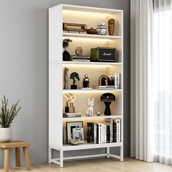 Tall Bookcase with LED Lights, 5-Tier Heavy Duty Storage Display ...