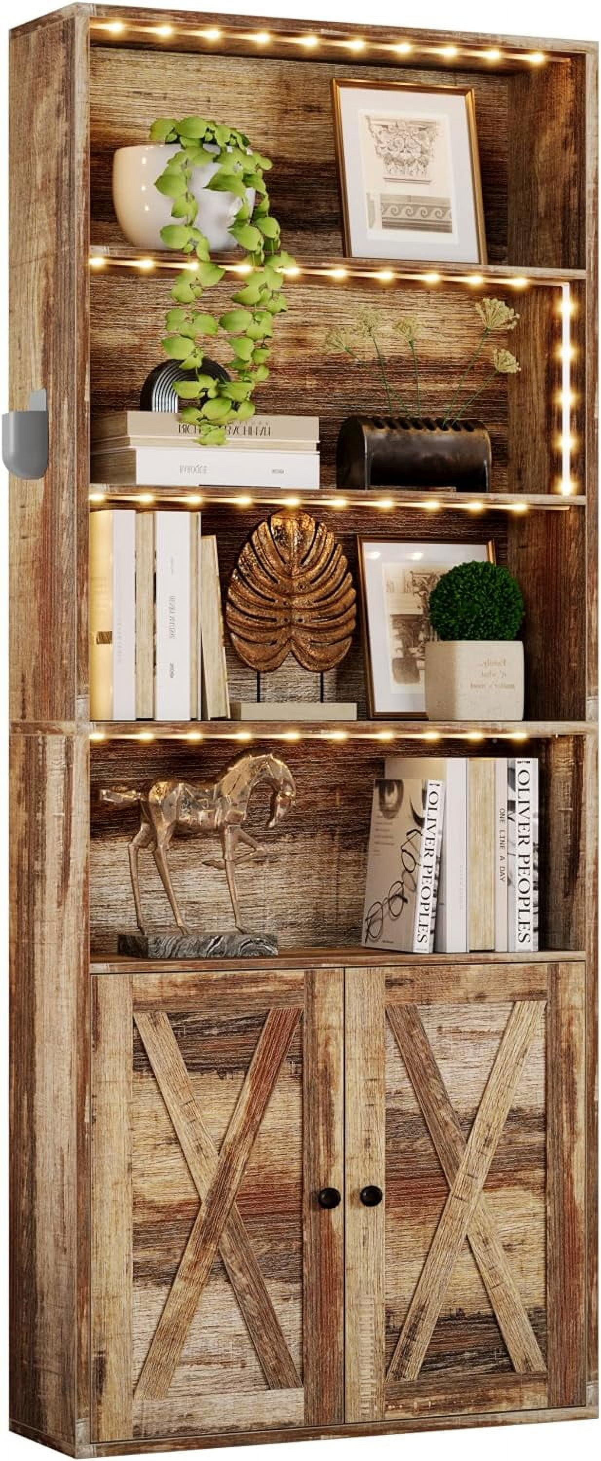 Tall Bookcase with LED Lights 70 in Industrial Bookshelf Display Shelf ...