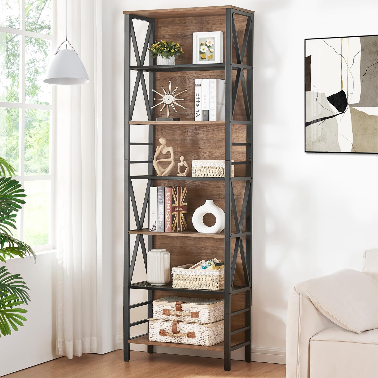 Tall Bookshelf, 7-Tier Book Shelf, Rustic Wood Metal Bookshelves and ...