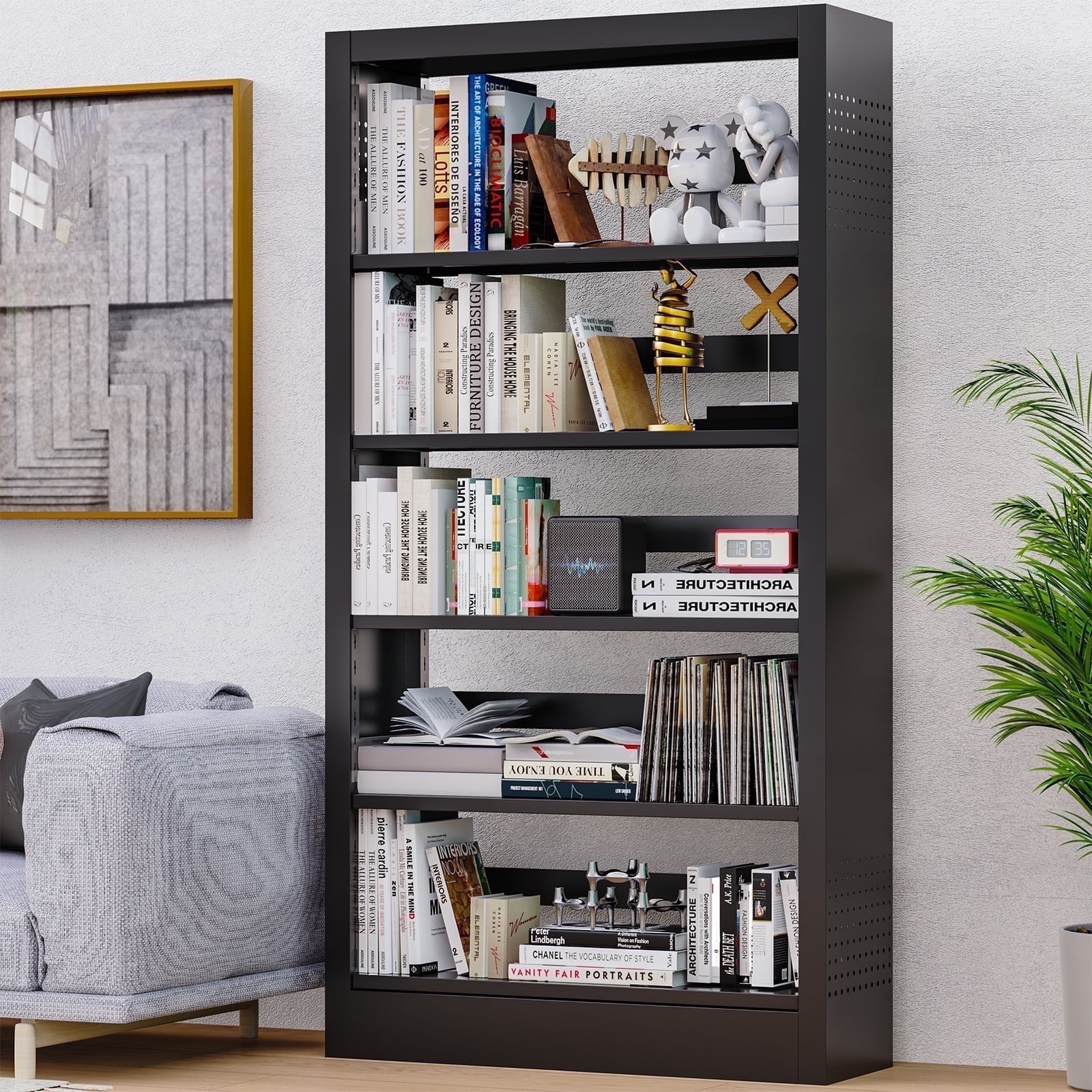 Tall Bookshelf, 71" Black Bookcase, Book Case with 5-Tier Adjustable ...