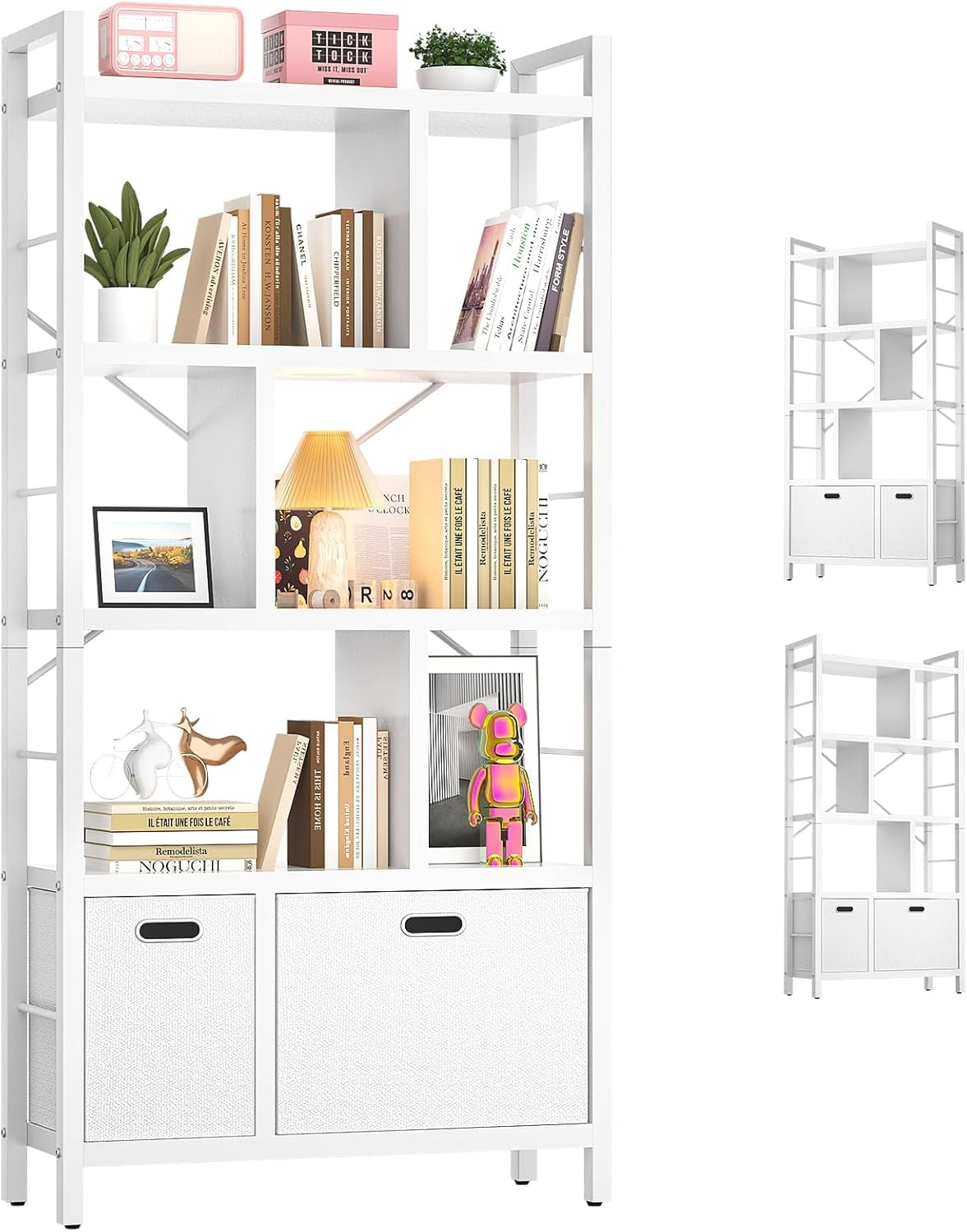 Tall Bookshelf with Drawers - 5 Tier Bookcase Modern Book Shelf Display ...