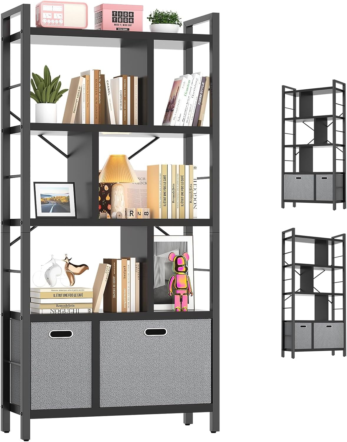 Tall Bookshelf with Drawers - 5 Tier Bookcase Modern Book Shelf Display ...