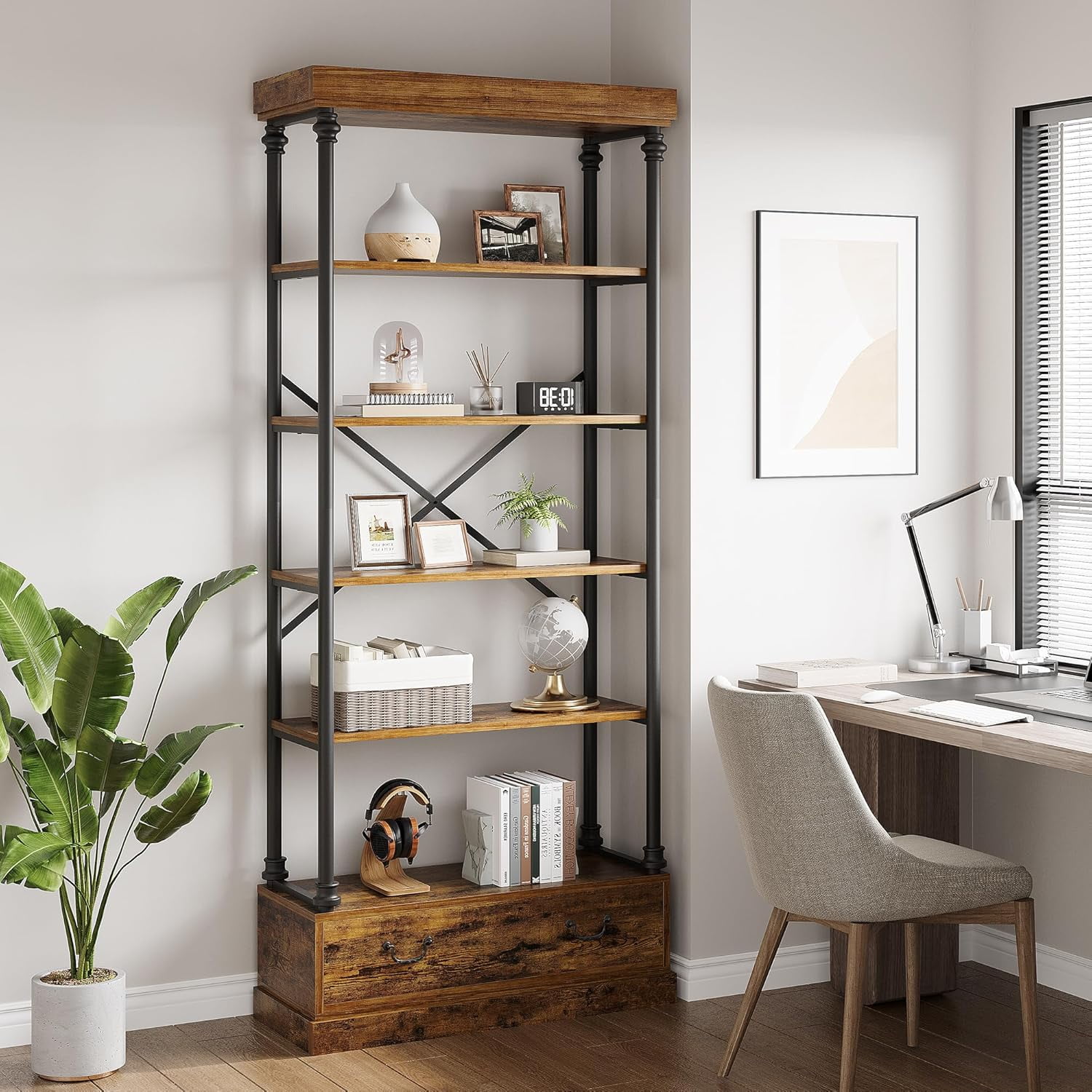 Tall Bookshelf with Drawers, 5-Tier Vintage Bookcase with Metal Frame ...