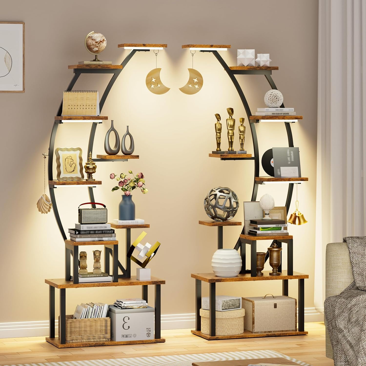 Tall Bookshelf with Lights, 2 Pack Ladder Bookshelves, 9 Tier Arched ...