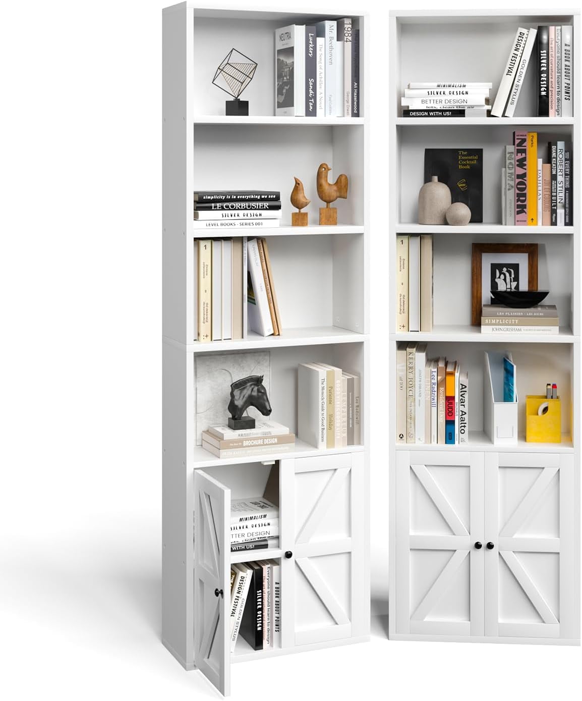 Tall Bookshelf Set of 2, 6 Tier Floor Standing Bookcase with Two Hinged ...