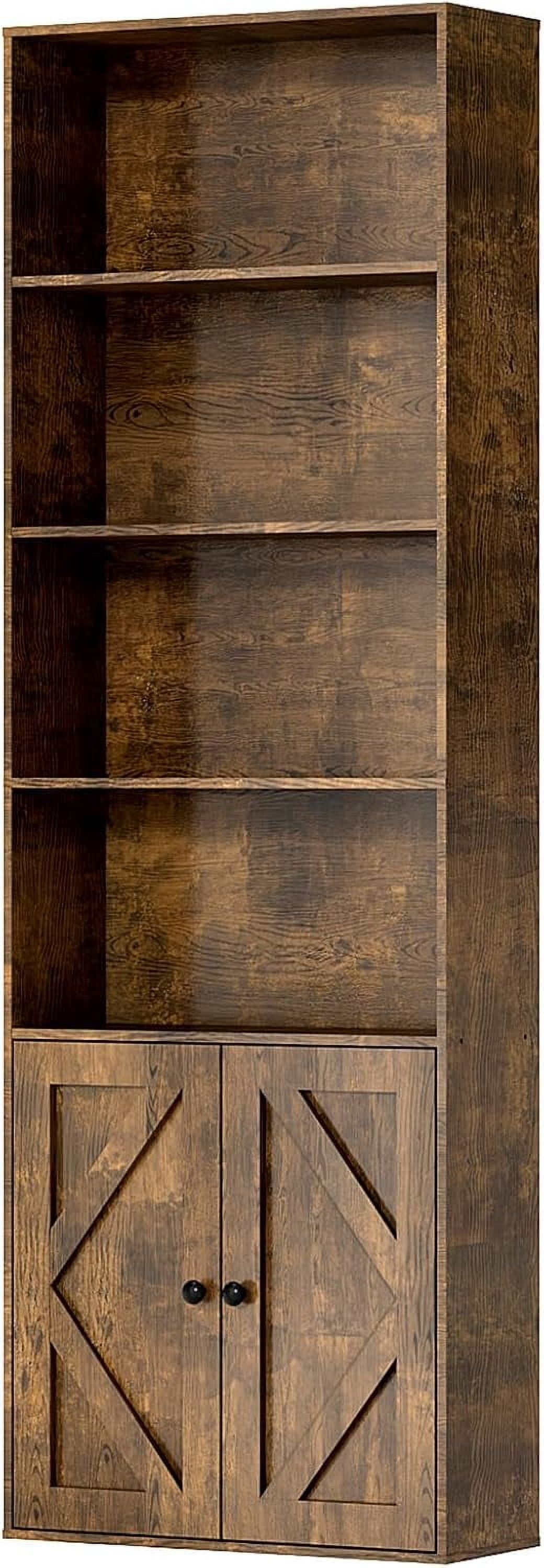Tall Brown Wooden Bookshelf with Cabinet and Doors – 70.86" Bookcase ...
