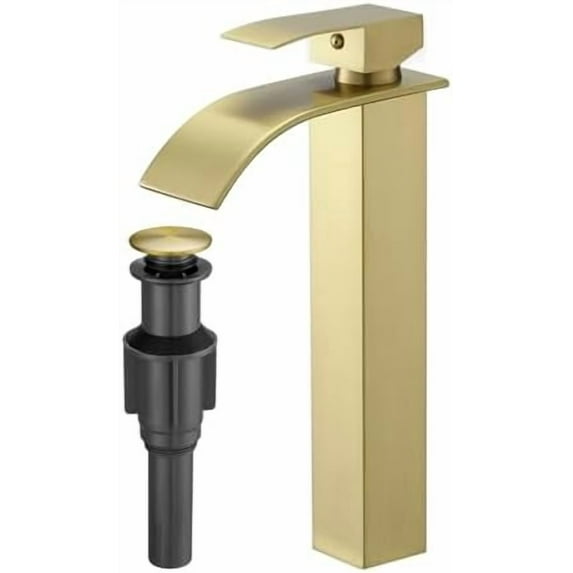 Tall Brushed Gold Bathroom Faucet with Pop Up Drain Modern Single ...