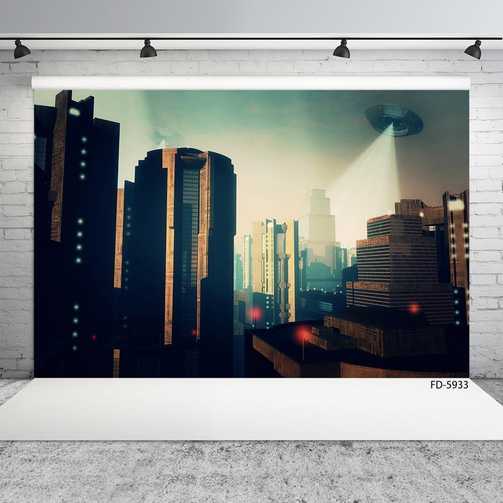 Tall Buildings Flying Saucer Photographic Backdrop Customized Fond ...