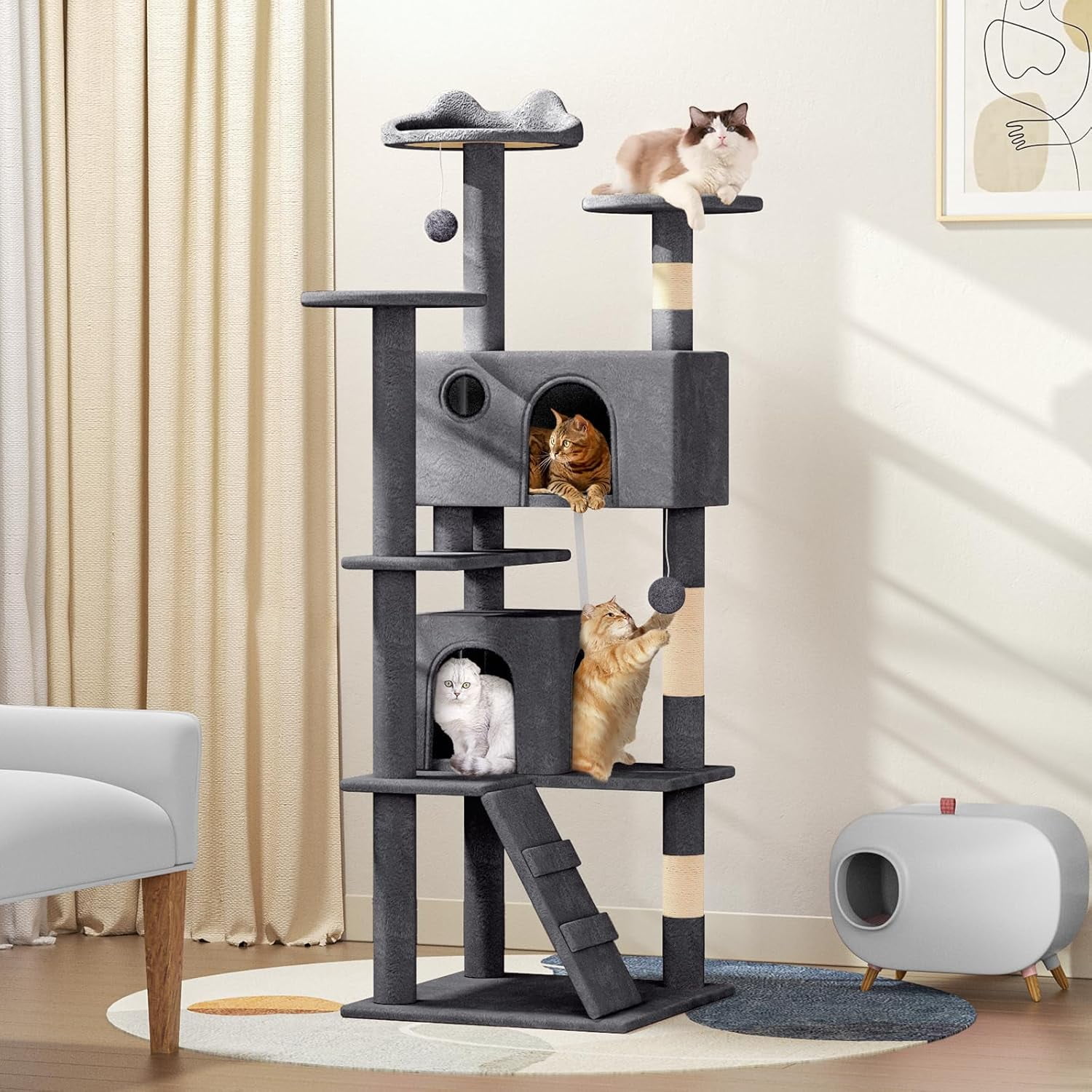 Tall Cat Tree with Scratching Post, 2 Cat Condos and Ladder, Cat Tower ...