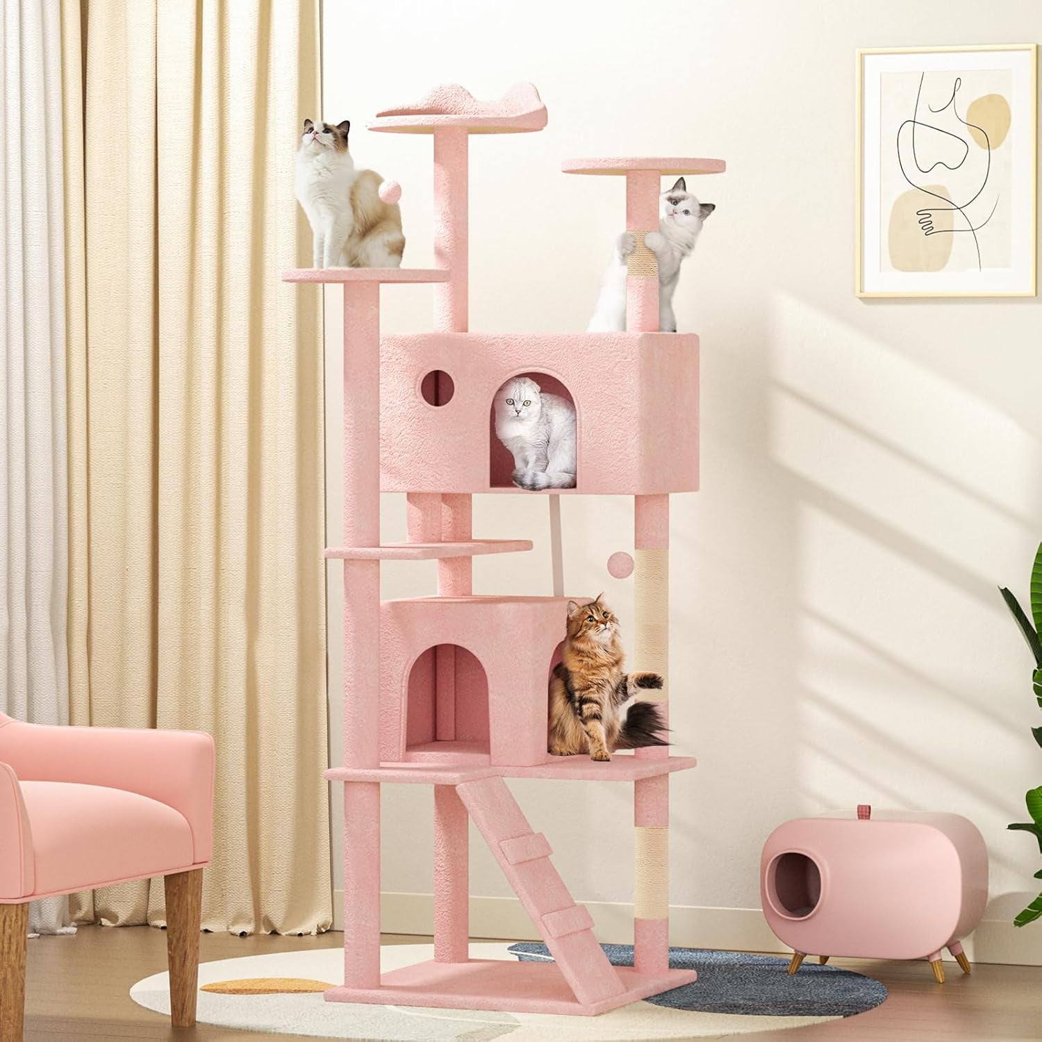 Tall Cat Tree with Scratching Post, 2 Cat Condos and Ladder, Cat Tower ...