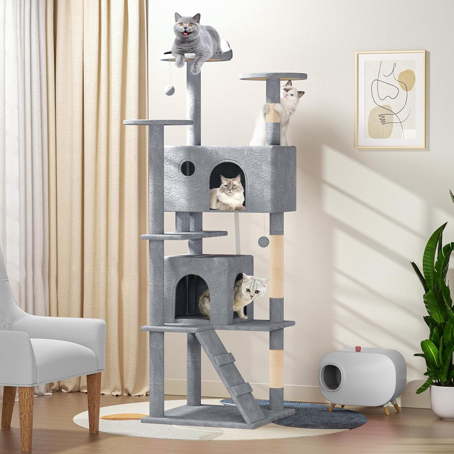 Tall Cat Tree with Scratching Post, 2 Cat Condos and Ladder, Cat Tower ...