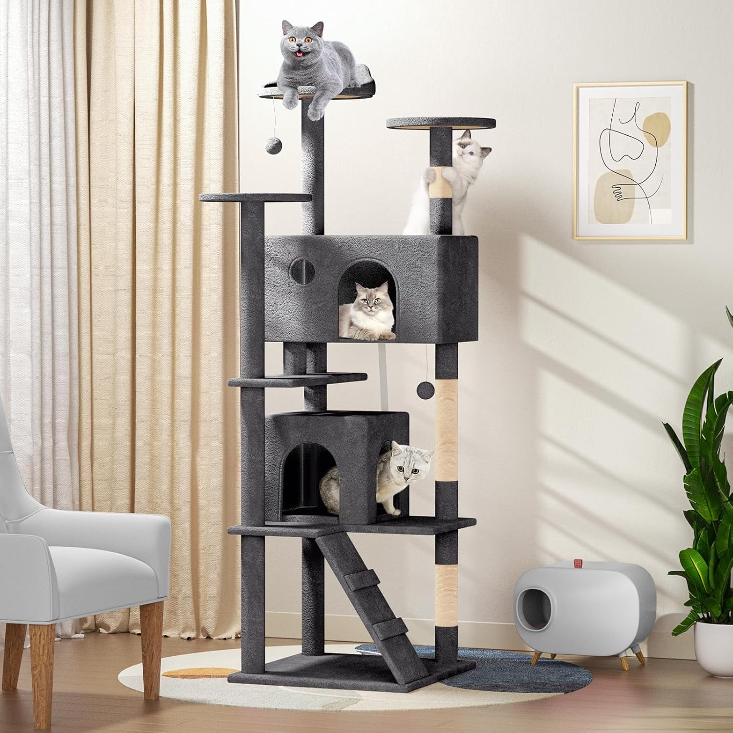 Tall Cat Tree with Scratching Post, 2 Cat Condos and Ladder, Cat Tower ...