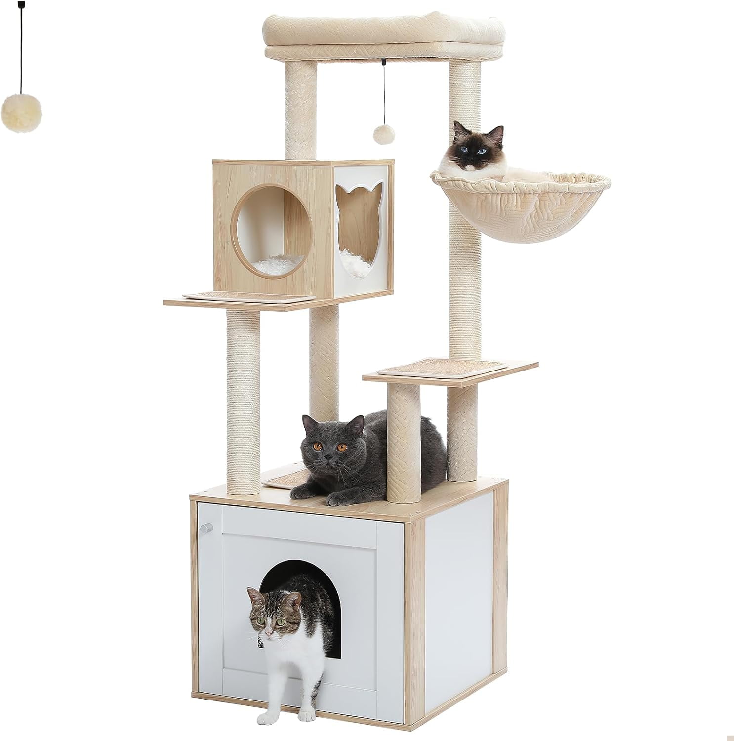 Tall Cat Tree with Litter Box Enclosure 56.7" Wooden Cat Tower for ...