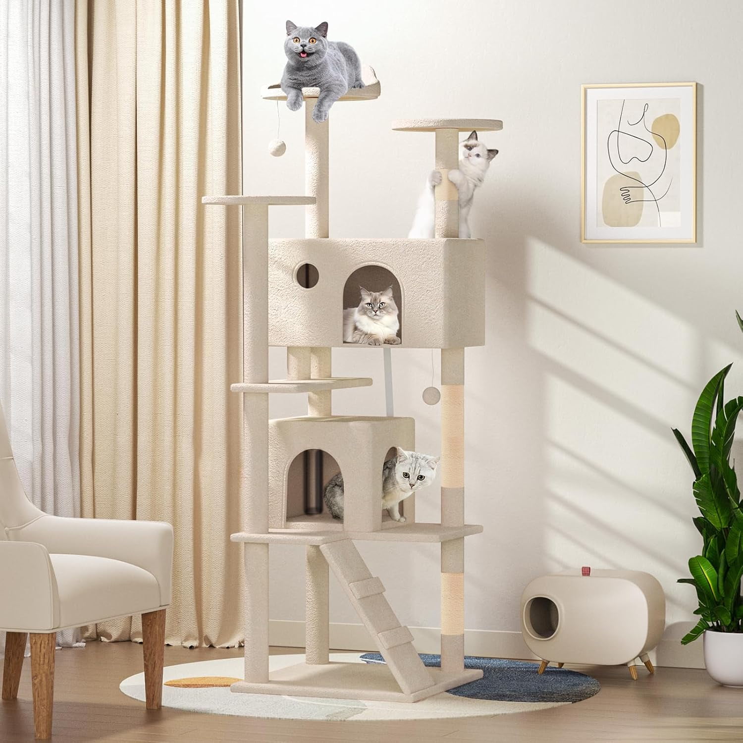 Tall Cat Tree with Scratching Post, 2 Cat Condos and Ladder, Cat Tower ...
