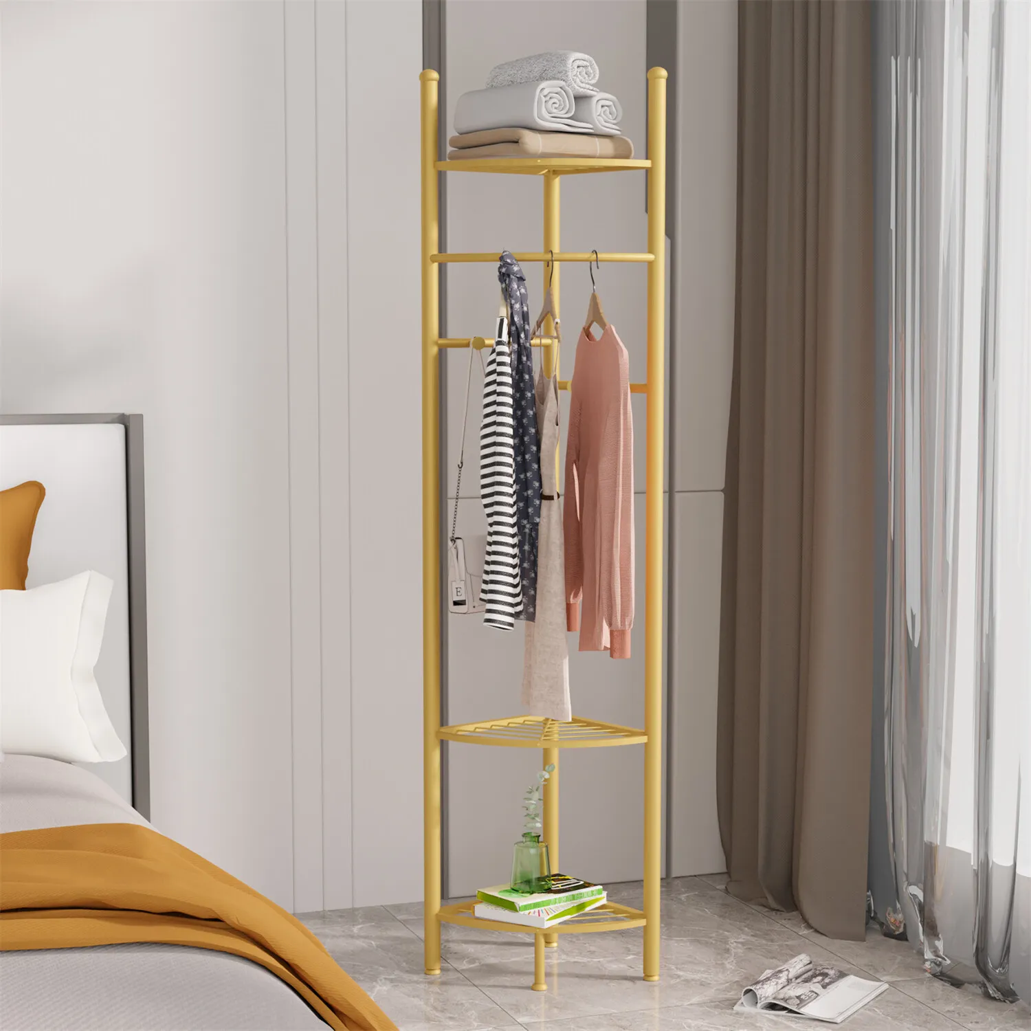 Tall Coat Rack Hat Bag Stand Gold Frame with Openable Shelves Clothes ...