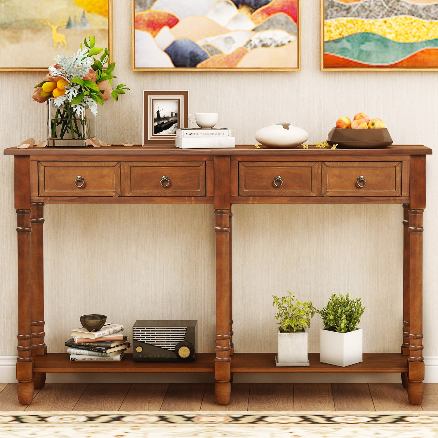 Tall Console Table with 2 Big Drawers and Bottom Shelf, SEGMART Retro ...