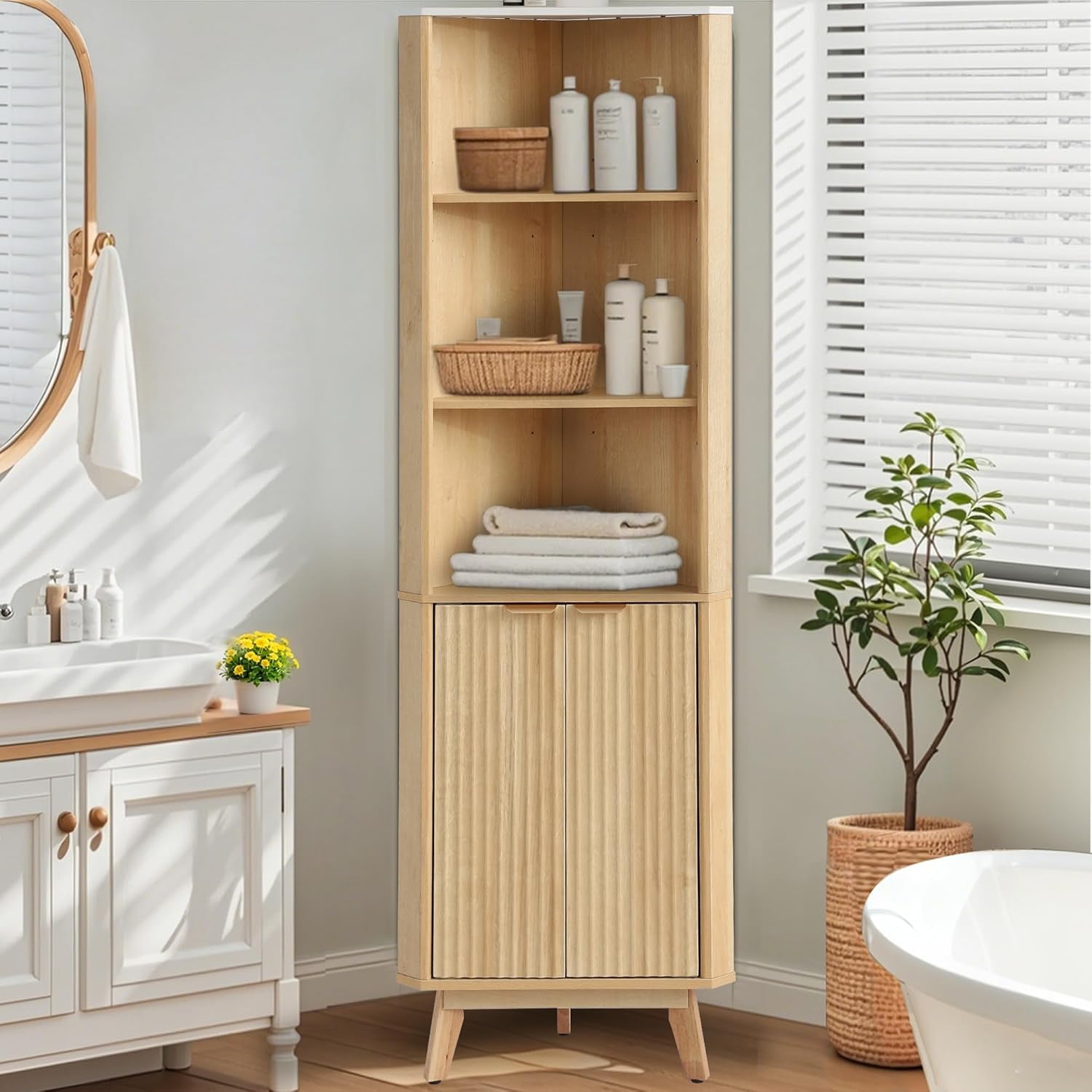 Tall Corner Cabinet, 68" Fluted Tall Cabinet with Storage and Doors 3 ...