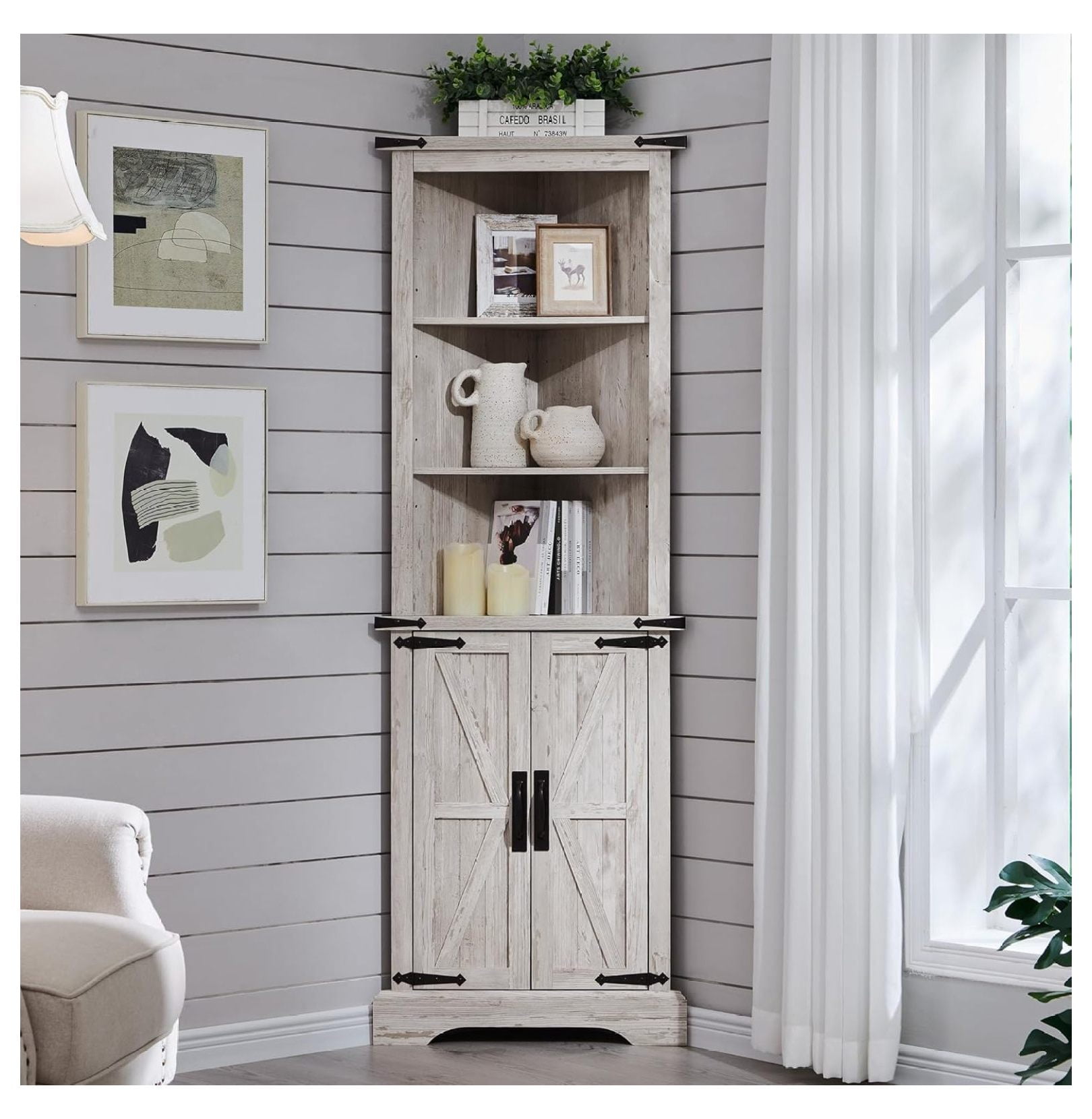 Tall Corner Cabinet, Farmhouse Storage Cabinet with Barn Door Design ...