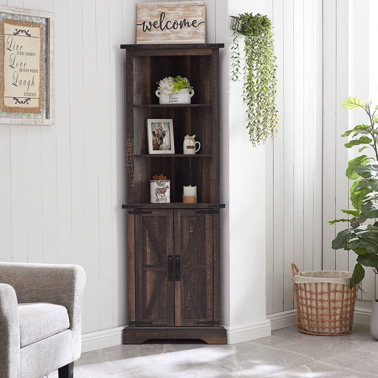 Tall Corner Cabinet, Farmhouse Storage Cabinet with Barn Door Design ...