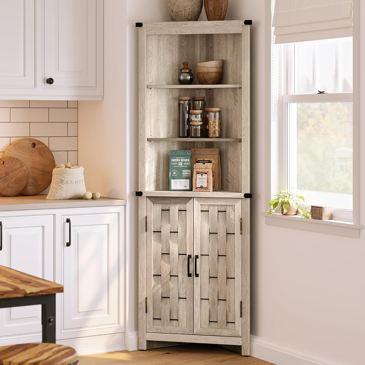 Tall Corner Cabinet, Farmhouse Storage Cabinet with Barn Door Design ...