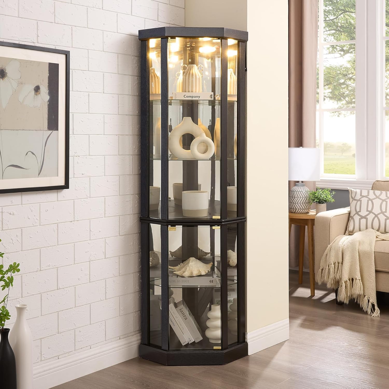 Tall Corner Curio Cabinet with Glass Doors, 69.84''H Lighted Glass ...